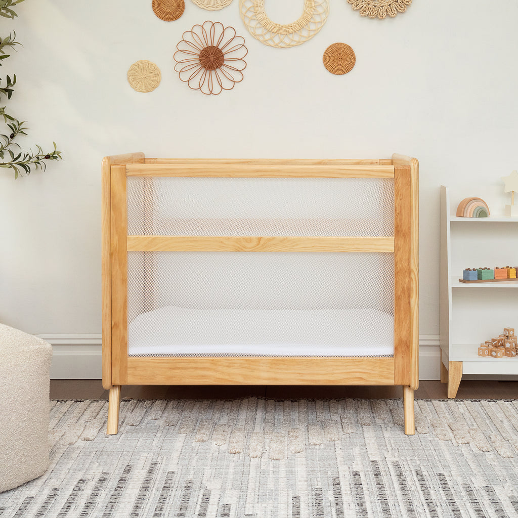 Tan Wood Baby Mini Crib with Mesh Walls | HALO