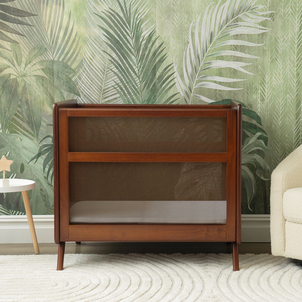 Brown Wood Baby Mini Crib with Mesh Walls | HALO