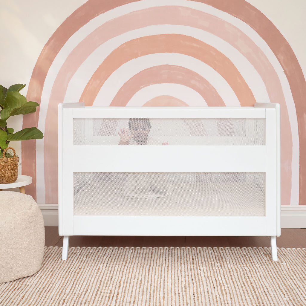 3-in-1 Convertible Full Size Wood Baby Cribs with Mesh Walls, White ...