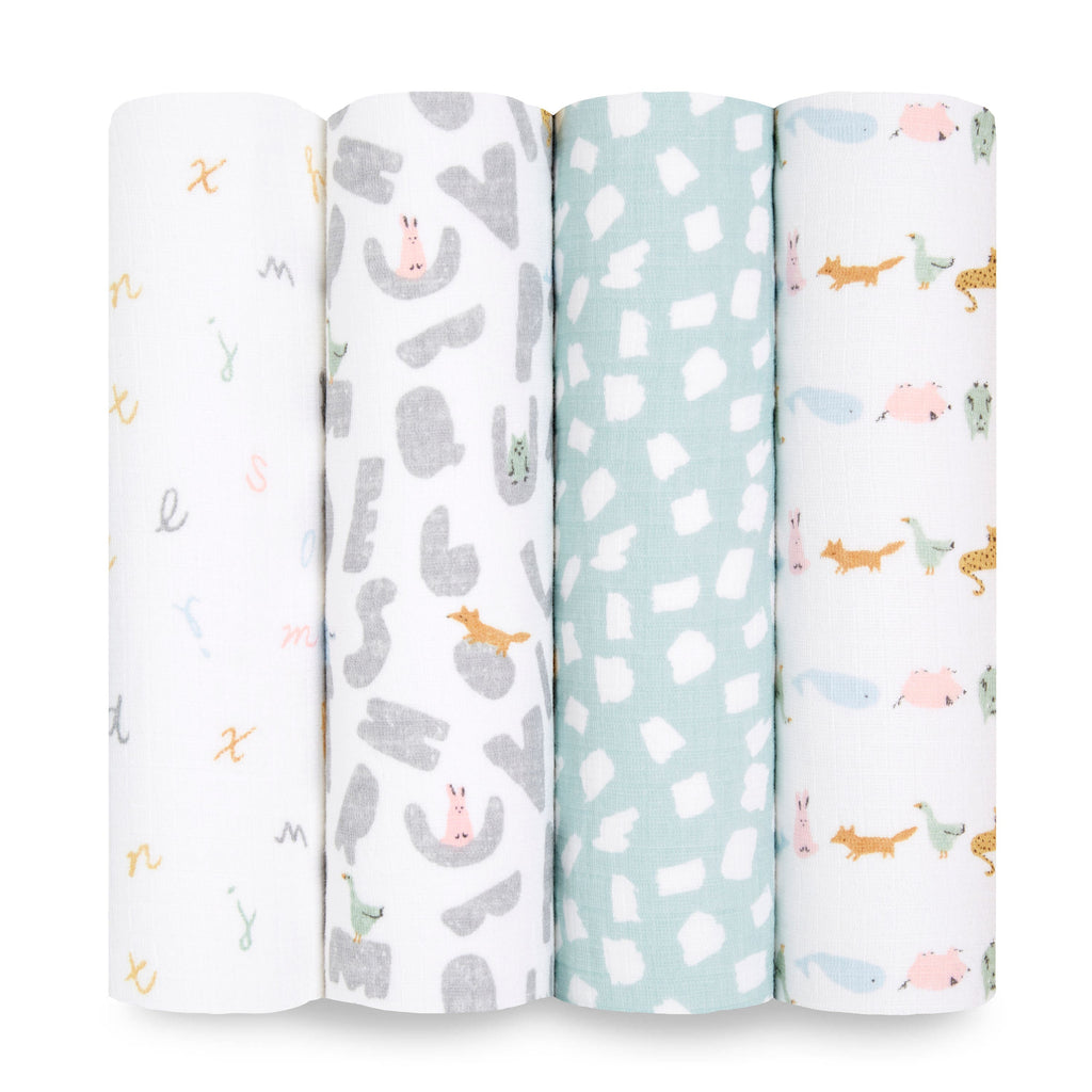 Alphabet Animals Cotton Muslin Swaddle 4pk | aden + anais