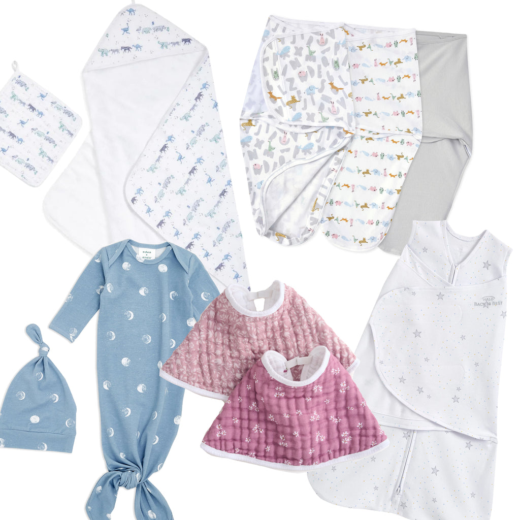Newborn Essentials Kit | Swaddles, Gown, Bibs & Bath Time Basics