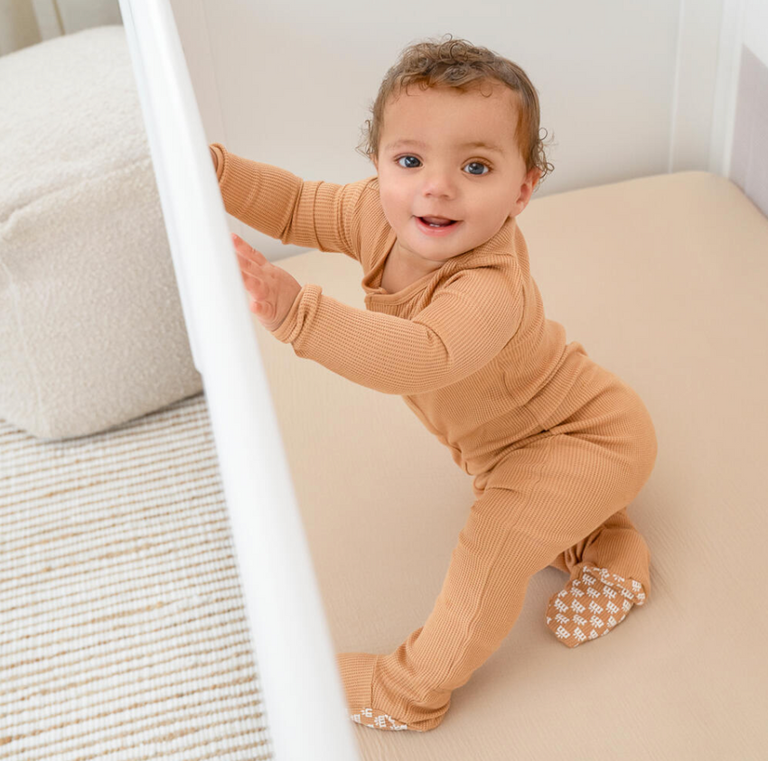 Tan Wood Baby Mini Cribs with Mesh Walls | HALO