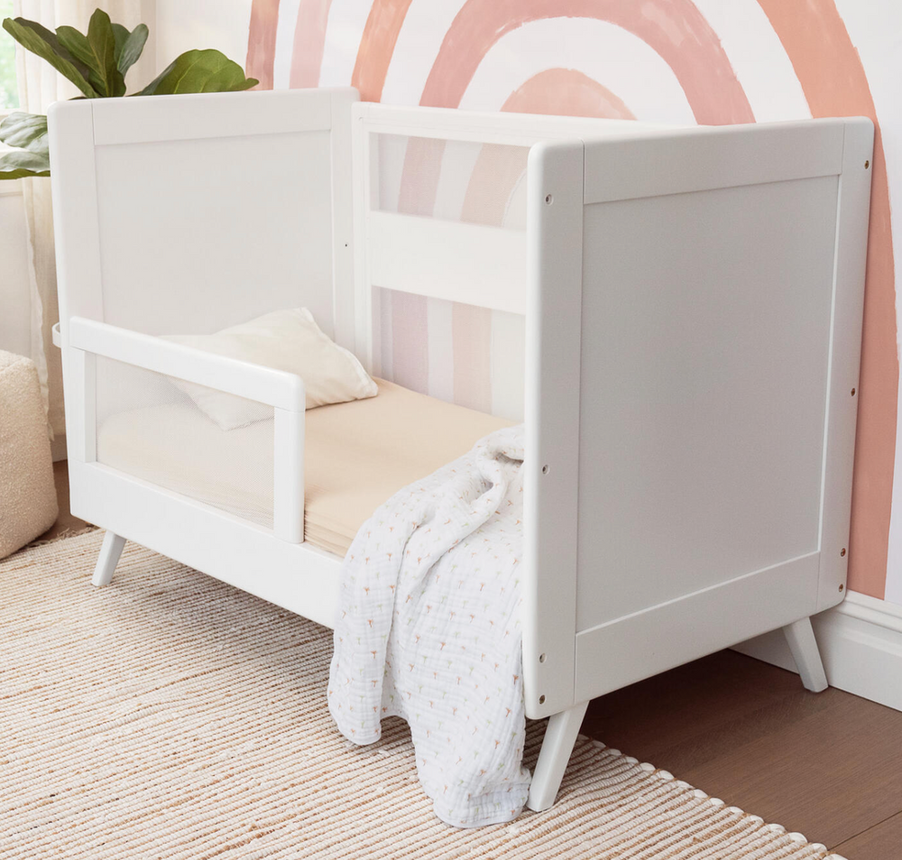 3-in-1 Convertible Full Size Wood Baby Cribs with Mesh Walls, White ...